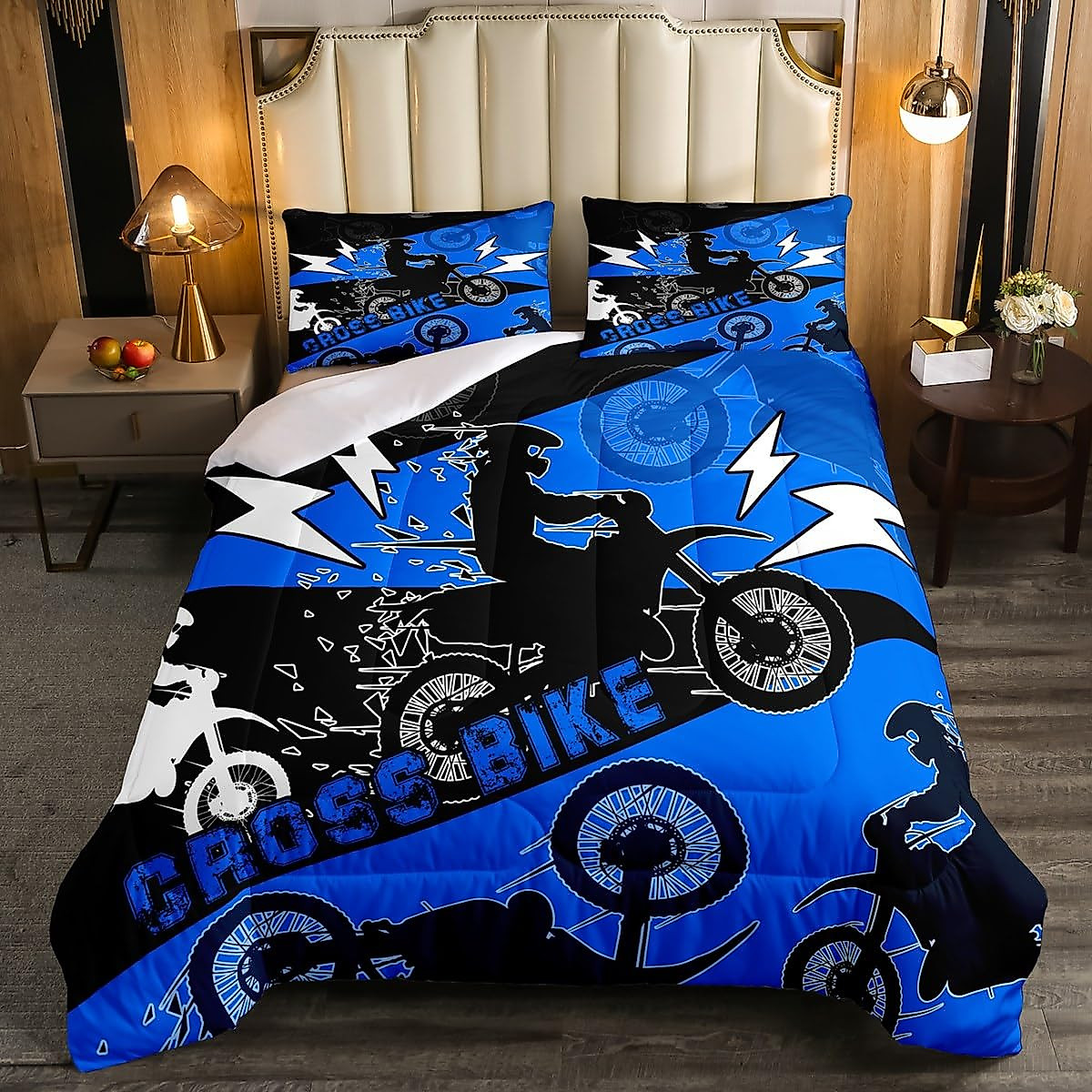Erosebridal Boys Dirt Bike Bedding Sets Twin Motocross Comforter Set Dirtbike Room Decor for Boys Kids Girls Adult,Rider Motorcycle Bed Set Cool Extreme Sports Comforter Sets 2Pcs,Blue Black