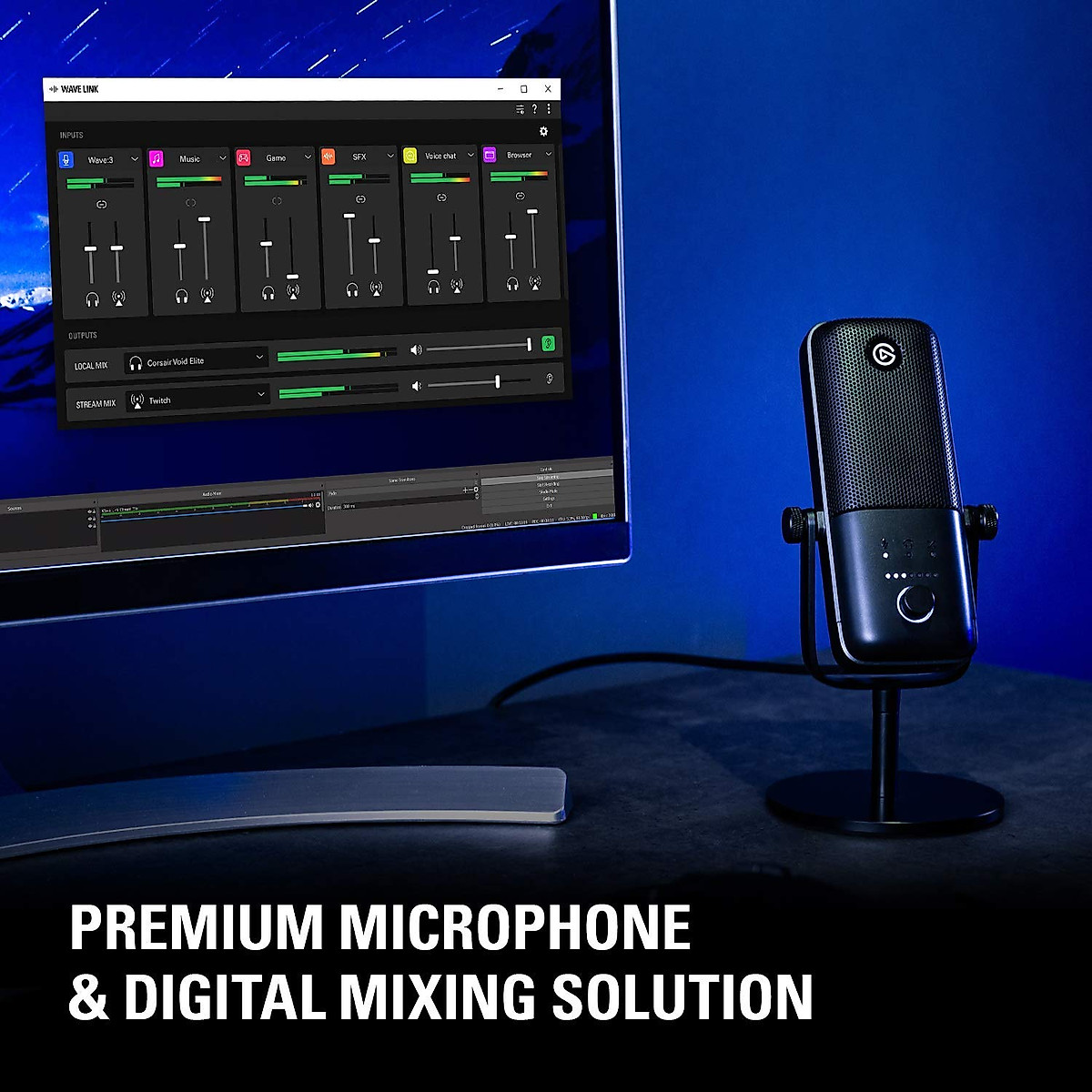 Elgato Wave:3 - USB Condenser Microphone and Digital Mixer for Streaming, Recording, Podcasting - Clipguard, Capacitive Mute, Plug & Play for PC/Mac (Renewed)