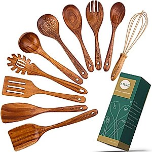 10 Pack Wooden Spoons for Cooking, Teak Wood Kitchen Utensils Set for Non Stick Use, Spatula Set for Stirring, Baking, Non Stick Wooden Utensils for Kitchen