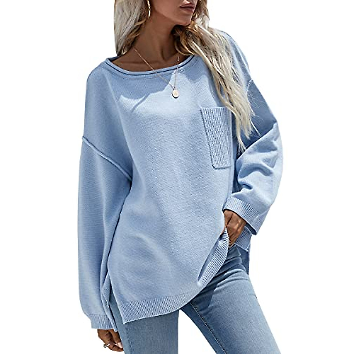 ECOWISH Womens Sweaters Loose Fit Long Sleeve Pullover Crew Neck Knit Sweater with Pockets 217 Blue X-Large