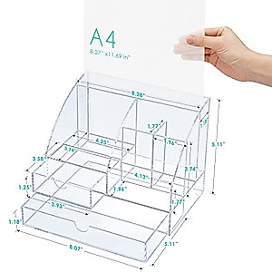 ARCOBIS Acrylic Desk Organizer with 2 Drawers, Clear Office Desktop Accessories Stationery Pen Organizer for Desk, Features 5 Compartments + 2 Sliding Drawer