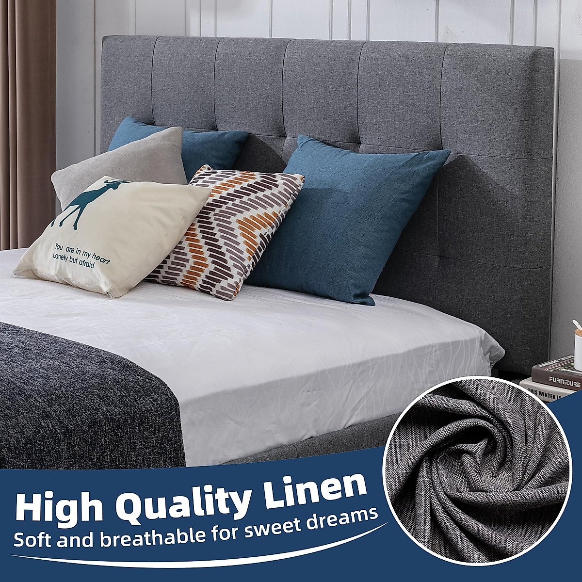 civama Full Size Bed with Trundle, Upholstered Full Over Twin Bed with Headboard & Wooden Slat Support, Pull Out Twin Platform Bed Underneath, No Box Spring Needed, Grey