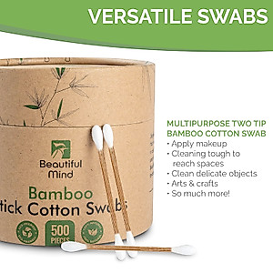 Beautiful Mind Bamboo Cotton Swabs for Ears – 500 Pack – Carbonized Bamboo Ear Swabs for Durability with Long Qtips – Eco-Friendly, Biodegradable & Vegan – 100% Organic Cotton Swabs for Makeup