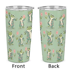 KIOWEIR Cute Frog And Flower Stainless Steel Tumbler 20oz With Lid And Straw, Insulated Tumblers Coffee Cup, Travel Mug for Ice Drink & Hot Beverage for Women Men Boys Girls