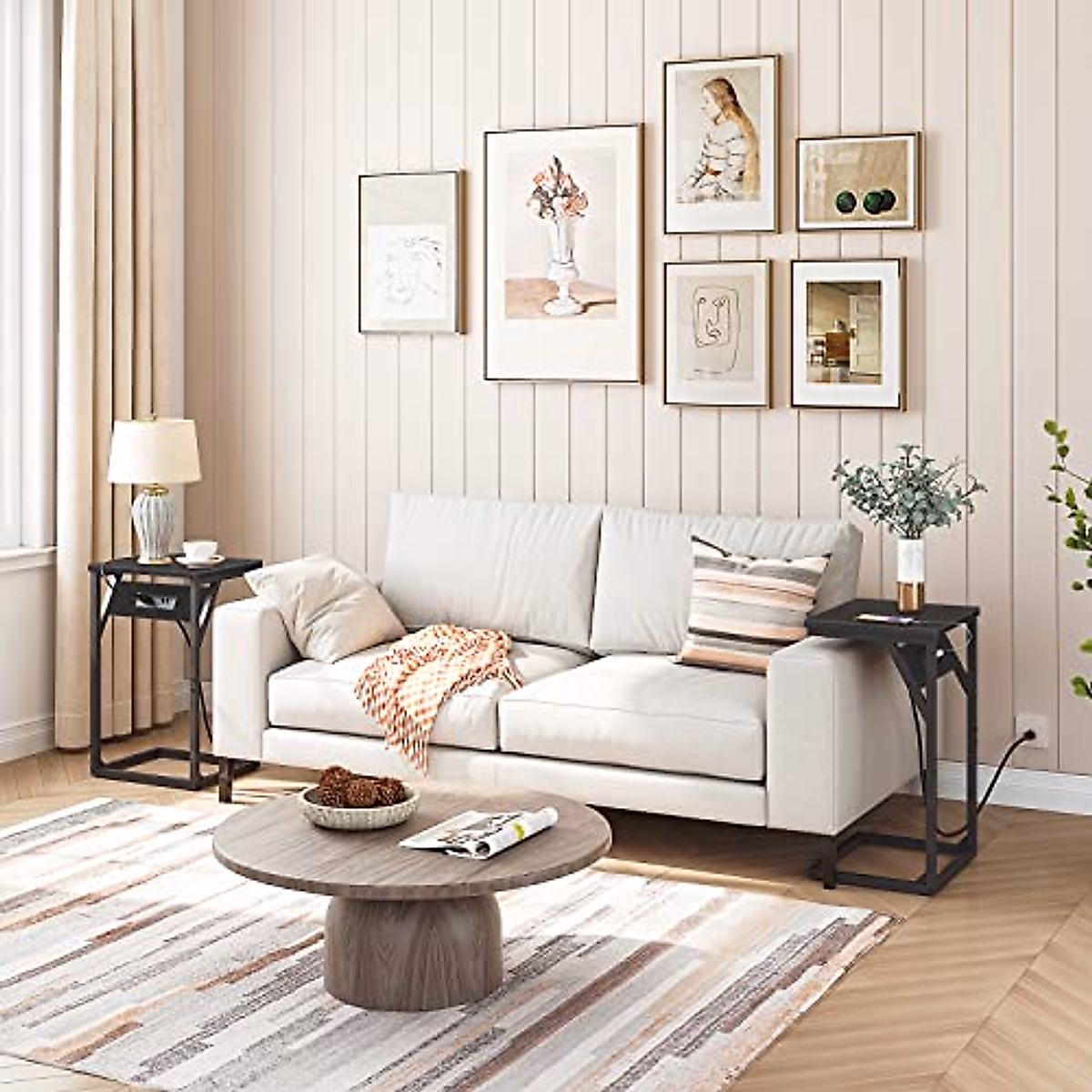 HOOBRO C Shaped End Table with Charging Station, Narrow Sofa Couch Side Table for Small Space, Industrial Bedside Table with Metal Frame for Living Room, Bedroom, Dorm, Black BB06USF01