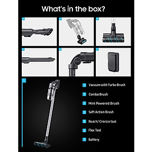 Samsung Jet 75 Stick Cordless Lightweight Vacuum Cleaner with Removable Long Lasting Battery and 200 Air Watt Suction Power, Complete with 180 Deg Swivel Brush, Titan Silver