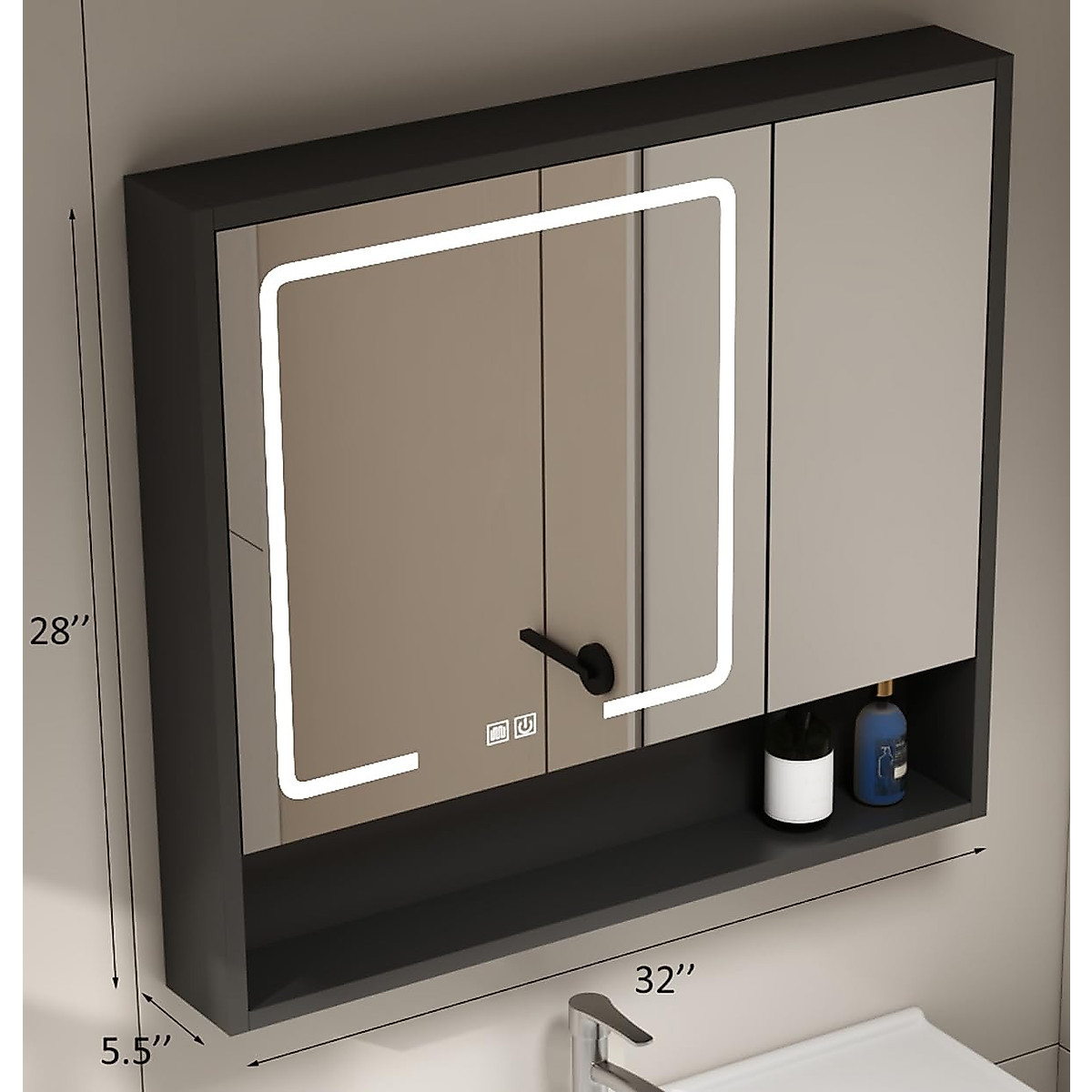 AmpleCharmic 24'' Medicine Cabinet Mirror, Barhroom Medicine Cabinet with LED Light, 3-Color, Dimmer, Defogger, Greywalnut