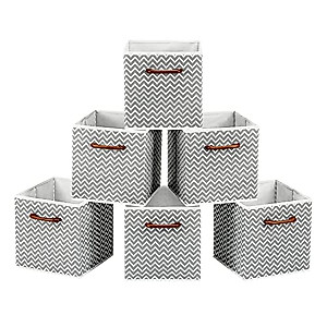 MaidMAX Cloth Storage Bins Cubes Baskets Containers with Wooden Handle for Home Closet Bedroom Drawers Organizers, Foldable, Gray Chevron, Set of 6