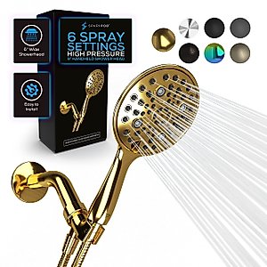 SparkPod 6 Spray Setting High Pressure Hand Held Shower Head - 6" Wide Angle Handheld Shower Head Set with Brass Swivel Ball Bracket and 70 Inch Long Hose - Luxury Design (Egyptian Gold)