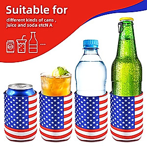 6 Pack American Flag Beer Can Cooler Sleeves 4th of July Decorations, 5.1 x 3.9 Inch Insulated Collapsible USA Pattern Drink Cooler Sleeves for 12 oz Cans and Bottles, Memorial Day Independence Day