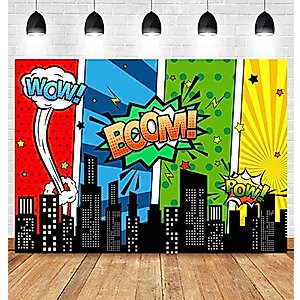 Superhero Super City Photography Backdrop Skyline Buildings Kids Boys Happy Birthday Party Banner Supplies Baby Shower Background Photo Studio Props 5x3ft Vinyl