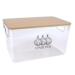 Xbopetda Onion Storage, Onion Keeper with Bamboo Lid, Transparent Acrylic Onion Storage Bin, Pantry Storage and Organization, Potato Onion Garlic Organizer Container for Kitchen Countertop - Clear