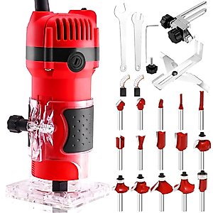 SILVEL Wood Router, 800W Wood Routers for Woodworking, 6.5Amp 1.25HP Hand Wood Router Tool, 30000R/MIN Compact Edge Trimmer with 15 1/4" Router Bit Set, Red