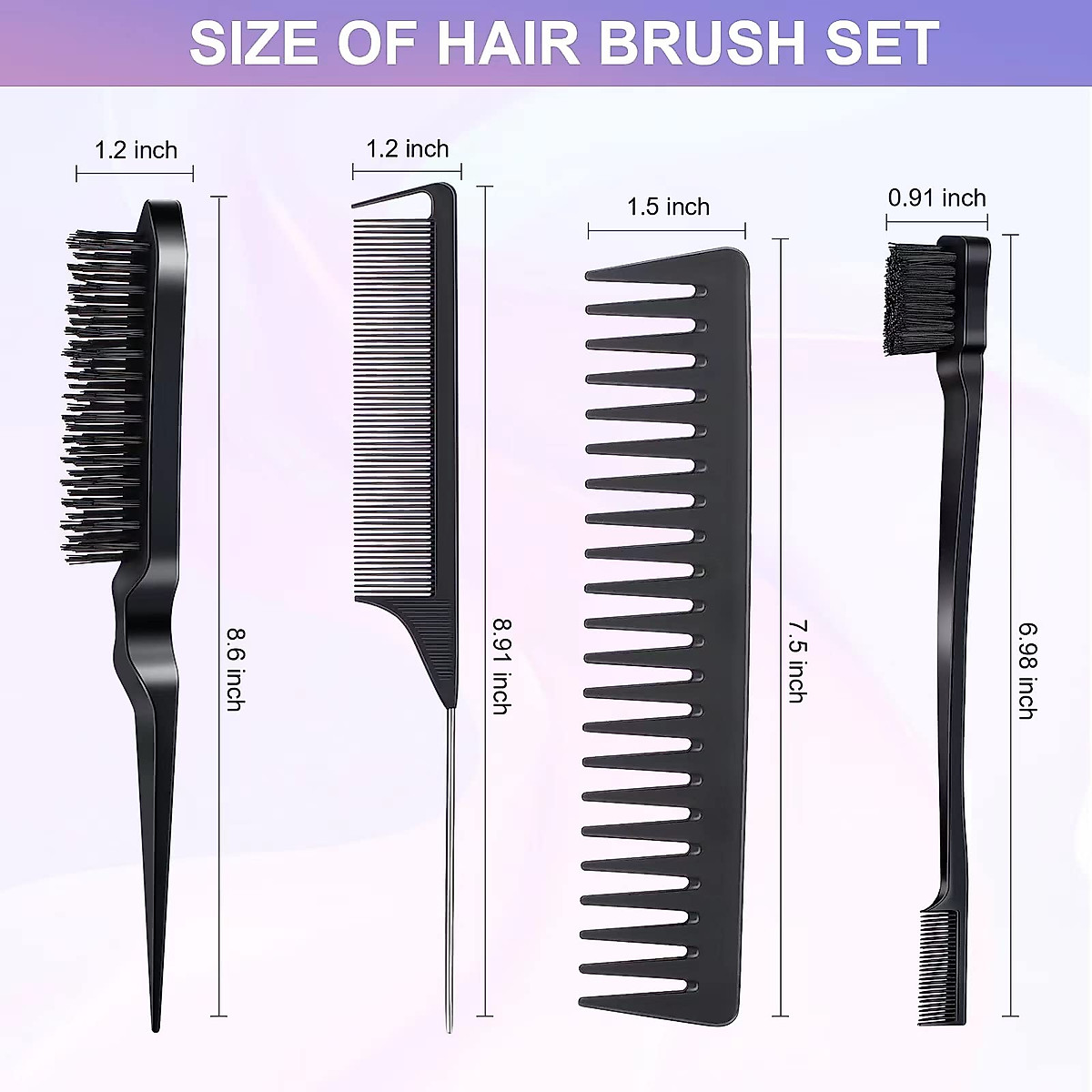 4Pcs Anmieciu Hair Styling Set for All: Bristle Edge Brush, Teasing Comb, Rat Tail Comb, Wide Tooth Comb for Combing, Smoothing and Styling Hair (Black)