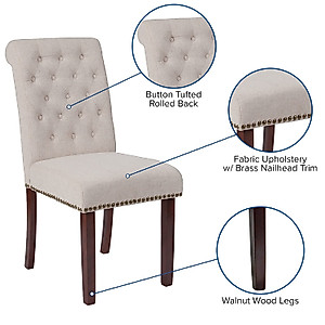 Flash Furniture HERCULES Series Beige Fabric Parsons Chair with Rolled Back, Accent Nail Trim and Walnut Finish