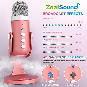 ZealSound Gaming USB Pink Microphone with Quick Mute for Phone Computer PC PS5,Studio Mic with Gain Control,Echo&Monitor Volume Adjust for Streaming Vocal Recording ASMR Podcast Video K66