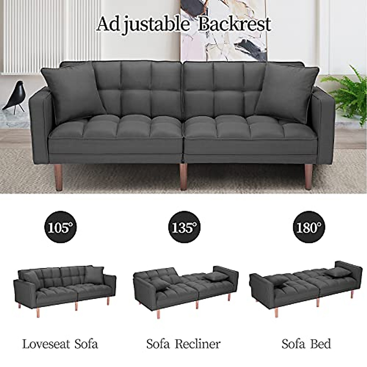 QSSLLC Futon Sofa Bed Convertible Loveseat, Sleeper Sofa with 2 Pillows and Solid Wood Legs, 76 inchL Sofa Couch for Compact Living Space, Apartment, Dorm - Dark Gray