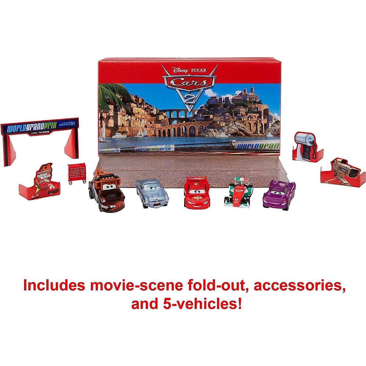 Mattel Disney and Pixar Cars Vehicle Set of 5 Collectible Character Toy Cars & Tool Cart, Inspired by World Grand Prix from Cars 2