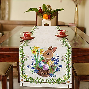 WHOMEAF Easter Bunny Table Runner Burlap Wild Flowers Cute Rabbit Green Leaves Eggs Table Runners Spring Summer Seasonal Kitchen Dining Table Center Decor for Home Party Indoor Outdoor 13x72 Inch
