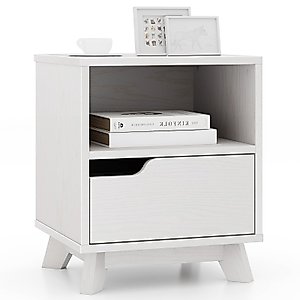 Giantex 2 Tier Nightstand, Mid Century Modern Bedside Table with Storage Drawer & Open Shelf, Wood Night Stand for Small Spaces, Minimalist Side End Table for Bedroom, Distressed White