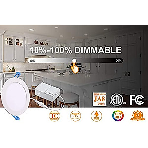 CLOUDY BAY 6 inch 3000K/ 4000K/ 5000K Three Color Temperature Selectable, Dimmable 15W CRI 90+, Ultra Thin LED Recessed Light with Junction Box, IC Rated, Air Tight, ETL/JA8, White, 12 Pack