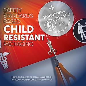 Panasonic CR2450 3.0 Volt Long Lasting Lithium Coin Cell Batteries in Child Resistant, Standards Based Packaging, 1-Battery Pack