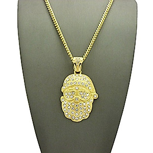 Fashion 21 Iced Out Santa Face Inspired Pendant 24" Various Chain Necklace in Gold Color Plated (4mm 24" Cuban Chain)