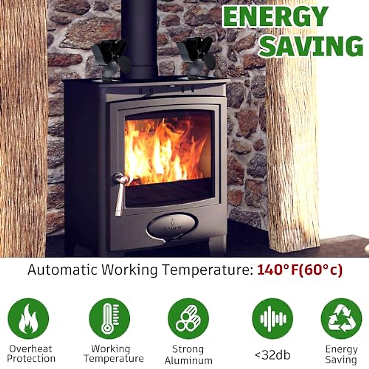 KIAASDSY 4-blade Heat Powered Wood Stove Fan, Fireplace Fan - Indoor Warm Air Circulation (1 set of 2)