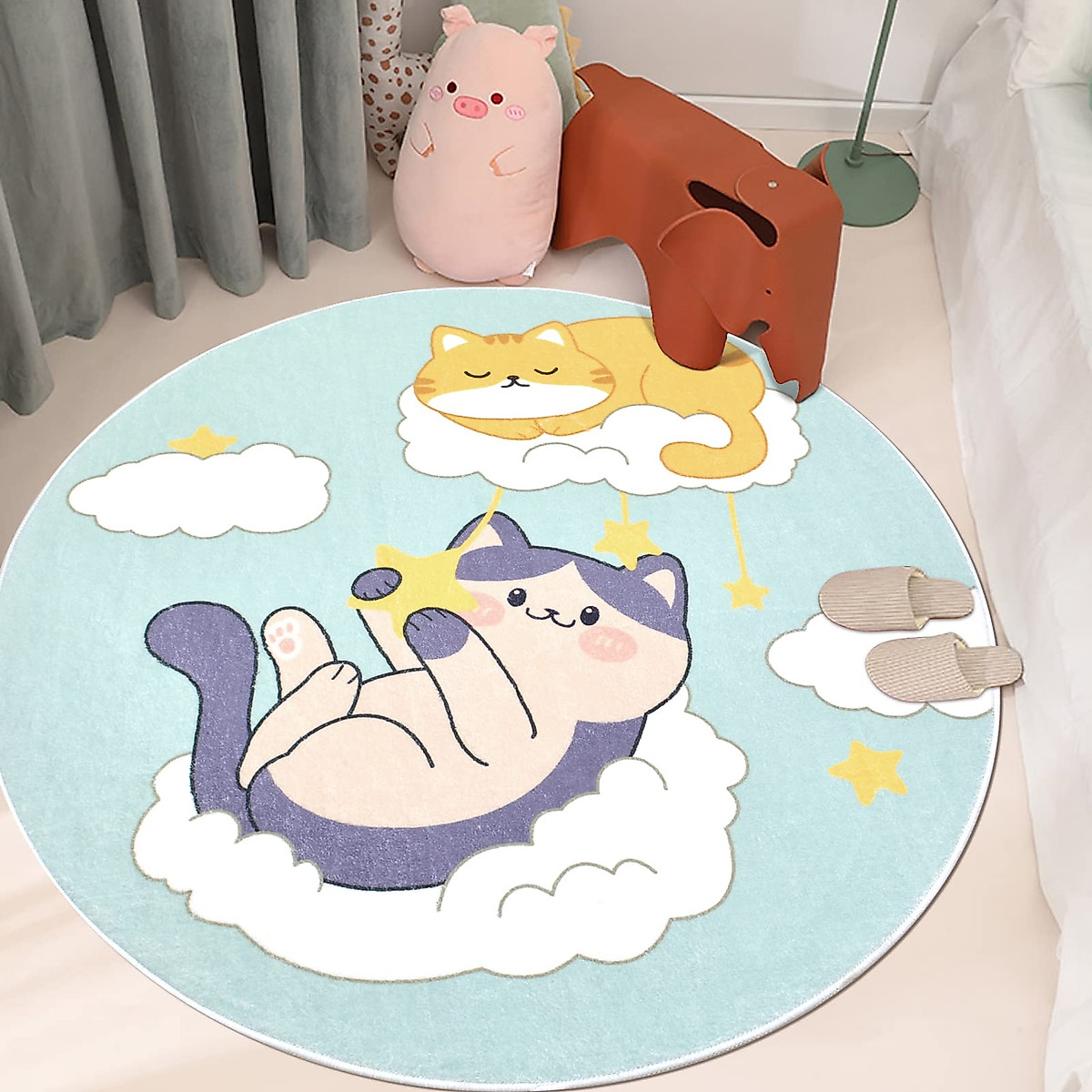TEALP Kids Rugs 4Ft Large Round Play Mat Cute Cat Baby Crawling Mat Circle Children Rug for Nursery Decor Soft Floor Carpet for Living Room Washable Bedside Rug for Kids Bedroom Cute Cat Theme Decor