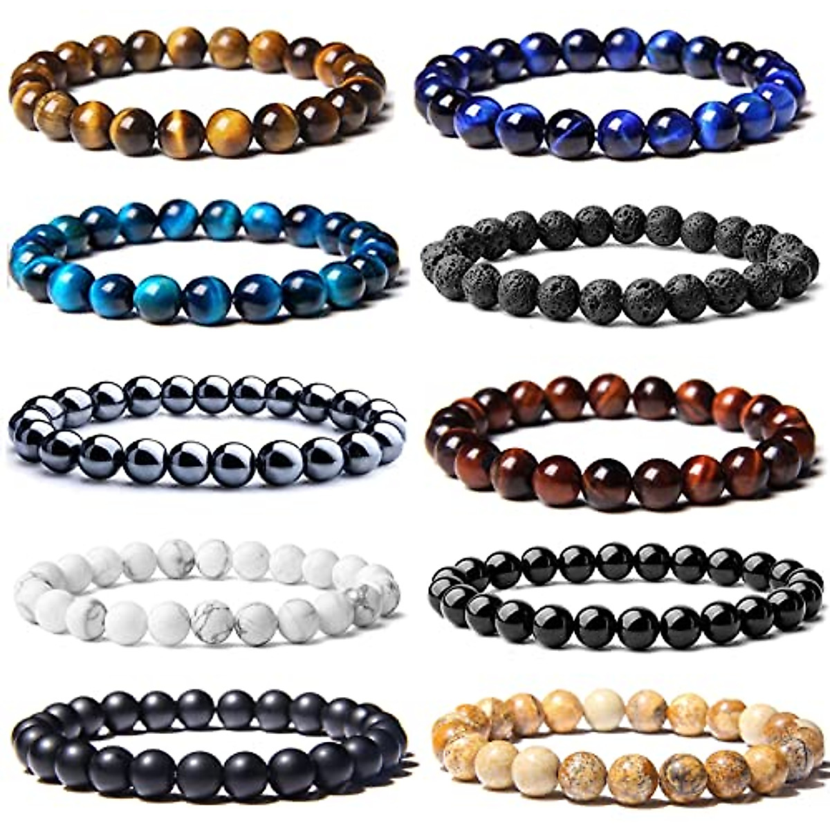 SONNYX 10 Pcs 8mm Semi-Precious Gemstones Bracelets Round Beaded Bracelets for Men Women Stone Crystal Stretch Beaded Bracelet Unisex