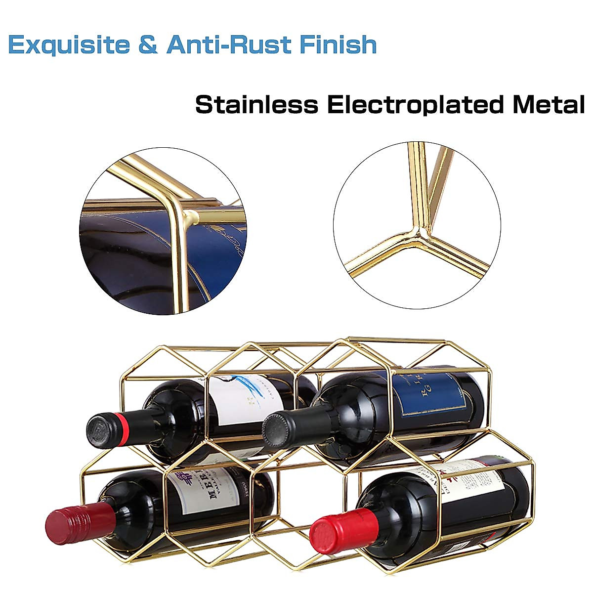 9 Bottles Metal Wine Rack, Countertop Free-Stand Wine Storage Holder, Space Saver Protector for Red & White Wines - Gold