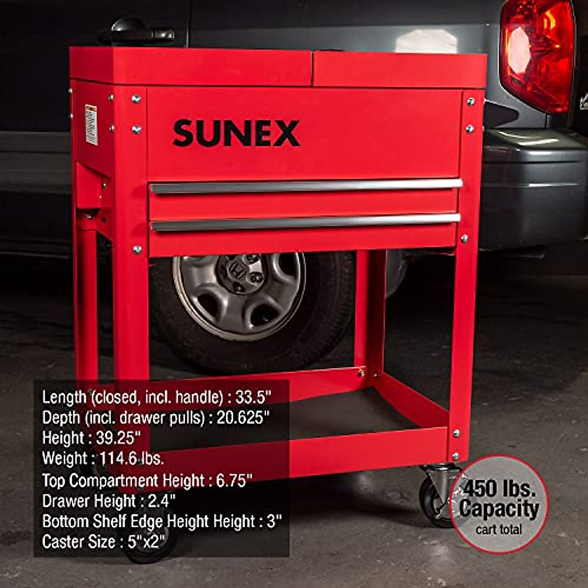 Sunex 8035R Red Compact Slide Utility Cart, Locking Slide Top, Swivel/Locking Casters, 18 Gauge Steel, Latching Drawers, 450-Pound Capacity