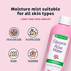 De La Cruz Rose Water and Glycerin for Face - Rosewater Facial Toner and Moisturizer for Skin and Hair 8 fl oz. (236 mL) - 1 Bottle