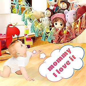 Stuffed Animal Net or Hammock with LED Light, Hanging Corner Storage Net for Wall, Toy Net Hammock Stuffed Animals Holder with Woven Tassels for Nursery Play Room Kids Bedroom Decor