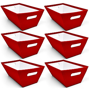 6 Pack Red Velvet Christmas Gift Baskets 8" x 10” Rectangle Xmas Empty Gift Basket with Handles Cardboard Market Tray for Gifts Giving Holiday Decorative Present Wrapping