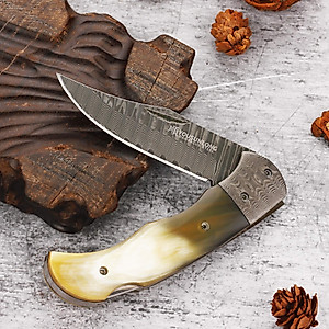 YOUSUNLONG Folding Knife - Overall 176mm - Japanese Damascus Steel Blade - Natural Bull Horn Handle with Leather sheath and natural walnut wooden knife box for camping hiking fishing
