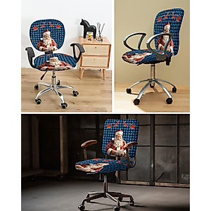 Christmas Santa Office Chair Cover Stretchable Computer Chair Seat Cover Backrest Slipcovers, Stretchable Rotating Desk Chair Seat Cushion Split Protectors Elk Buffalo Plaid Check Blue Snowflake