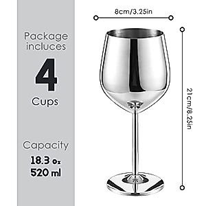 Set of 4 Stainless Steel Wine Glass 18 oz Silver Unbreakable Wine Glasses Elegant Modern Wine Glasses Portable Metal Wine Glass Wine Cup with Stems Stainless Steel Wine Tumbler for Drinking Goblets