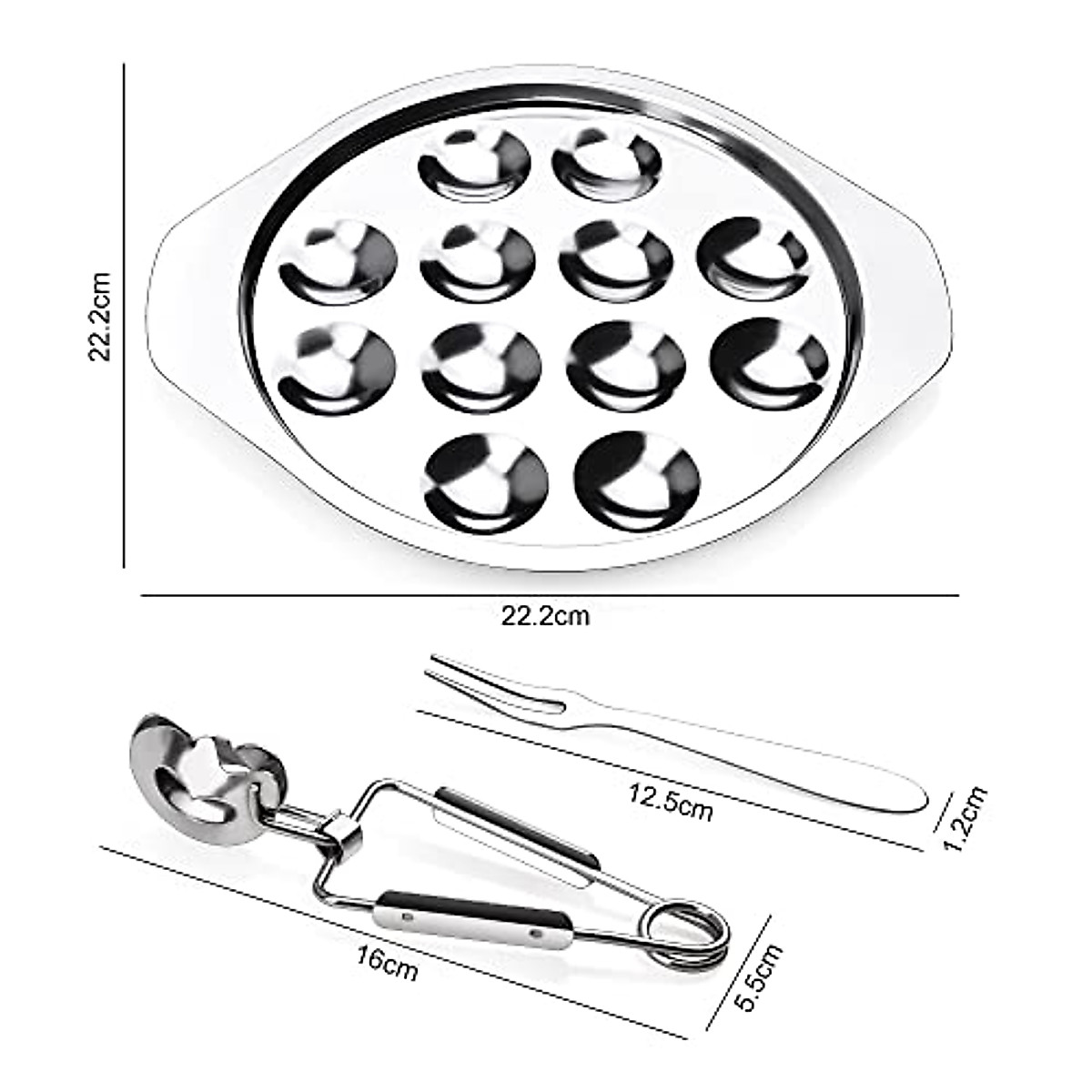 1 Set of Escargot Dish Stainless Steel Snail Escargot Plate 12 Holes with Escargot tong and Escargot fork for Kitchen Restaurant