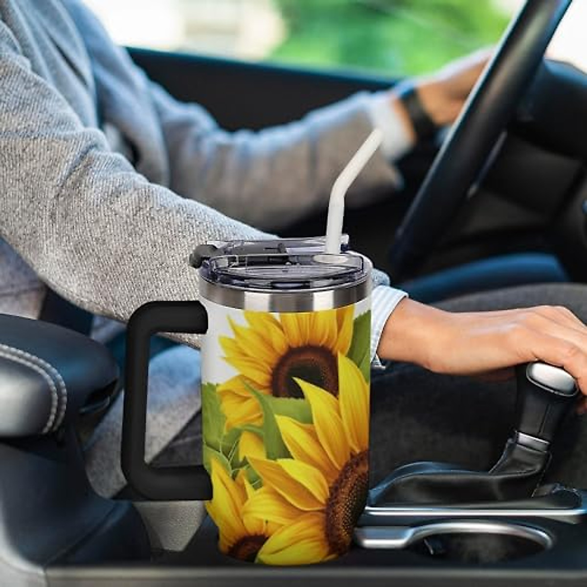 Sunflower 40 Oz Water Bottle, Stainless Steel Tumbler with Handle And Straw, Extra Large Insulated Tumbler, Flip Straw Tumblers for Sports, Work, Car, Travel And Weekends