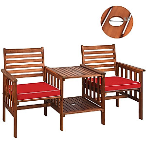 HAPPYGRILL Acacia Wood Loveseat with Table Patio Bistro Set Wooden Table Chairs Set with Cushions, Outdoor Furniture Set with 2.1 inch Umbrella Hole for Garden Balcony