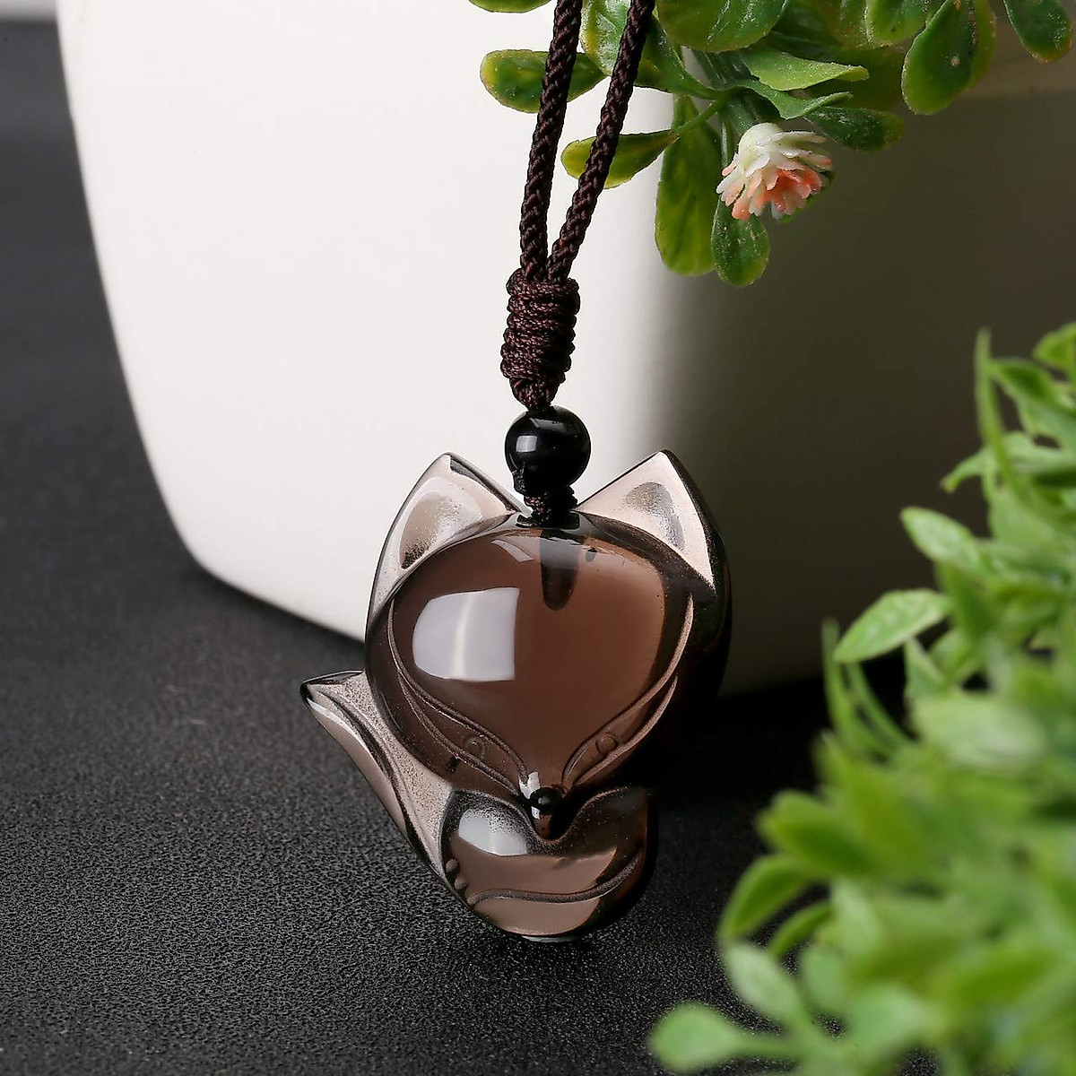 Top Plaza Womens Reiki Healing Crystal Ice Obsidian Gemstone Necklaces Adjustable Lucky Fox Amulet Protection Pendant Necklace Fox Jewelry