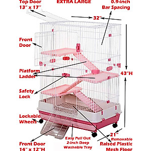 Pink Extra Large Deluxe Indoor Outdoor Multi-Level Guinea Pig Chinchilla Ferret Squirrel Hedgehog Kitten Rabbit Bunny Hutch House Critter Habitat Removable Washable Tray with Lockable Casters