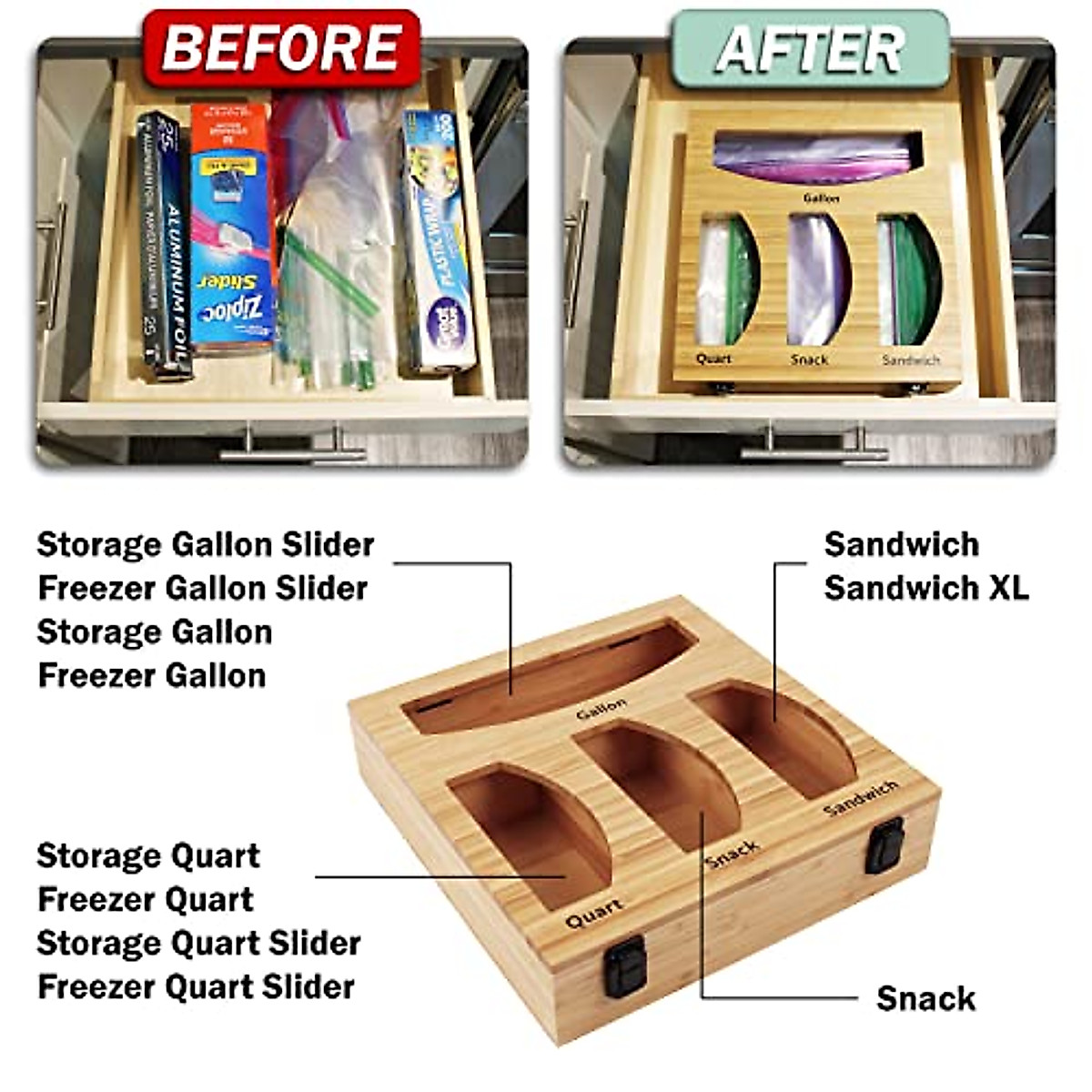EIDEAL™ | Ziplock Bag Storage Organizer for Kitchen Drawer | Baggie Organizer | Ziploc Plastic Bag Storage | Space Saving Organization | Bamboo Organizer | Ziplock Bag Storage |