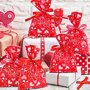 AnyDesign 100Pcs Valentine's Day Treat Bags Red Heart Candy Cellophane Bag 6 x 9 Inch Happy Valentine's Day Plastic Goody Bags with Red and Pink Ribbon for Valentine Party Favor Supplies Gift