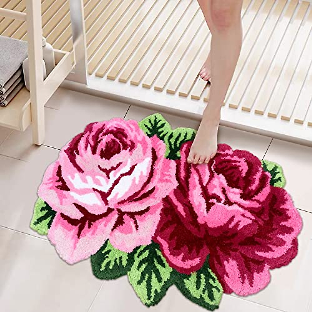 ABREEZE Rose Rug Rose Carpet Pink Plush Bath Mat Door Mat Nonslip Bathroom Rug Flower Rug Kitchen Area Rugs Modern Living Room Rug, Pink