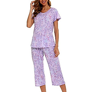 ENJOYNIGHT Women's Cute Sleepwear Tops with Capri Pants Pajama Sets Cotton Pj Set for Women(2X-Large,PU) Purple