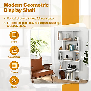 Tangkula 5-Tier Geometric Bookshelf, S Shaped Bookcase w/Anti-Toppling Device, Freestanding Room Divider, Industrial Home Office Decor Wood Open Storage Display Shelf for Living Room (1, White)