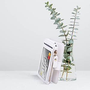 M-Plateau Off white Keychain Wallet, Wallet Women with Circle Coin Purse Keychain and Zipper Card Case,Trifold Leather wallet with ID Window Gift For Women (White)