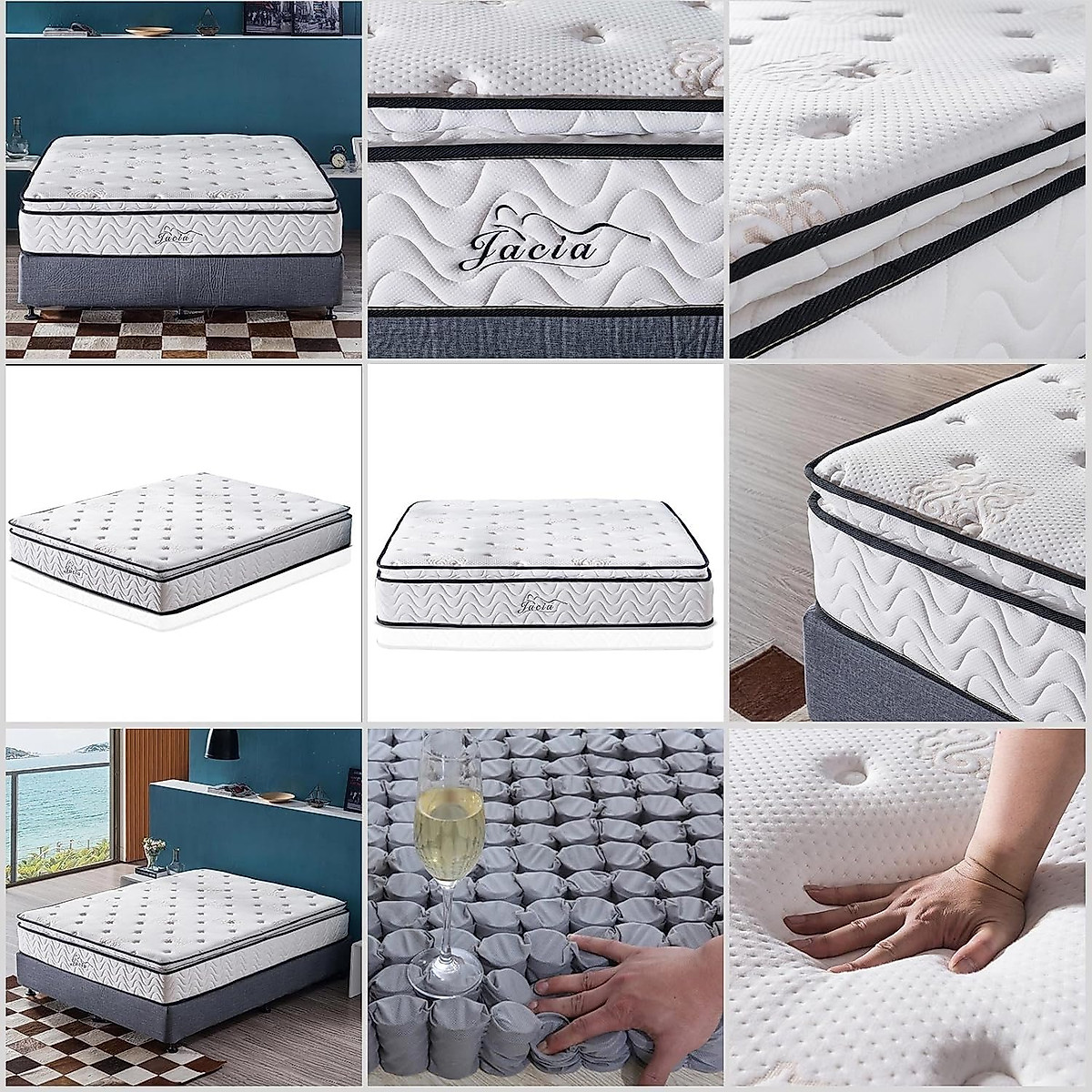 Jacia House Queen Mattress 11.4 Inch Pillow Top Pocket Spring Hybrid Mattress, Memory Foam Innerspring Firm Mattress -Bed in a Bag,Mattress Queen